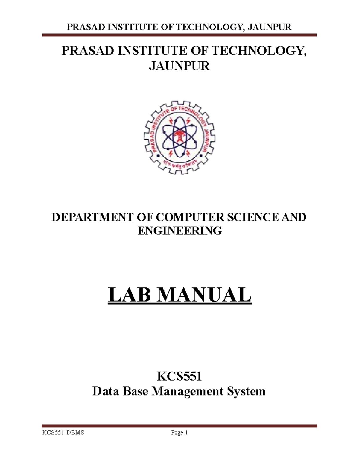 DBMS(KCS551) - practical - PRASAD INSTITUTE OF TECHNOLOGY, JAUNPUR ...
