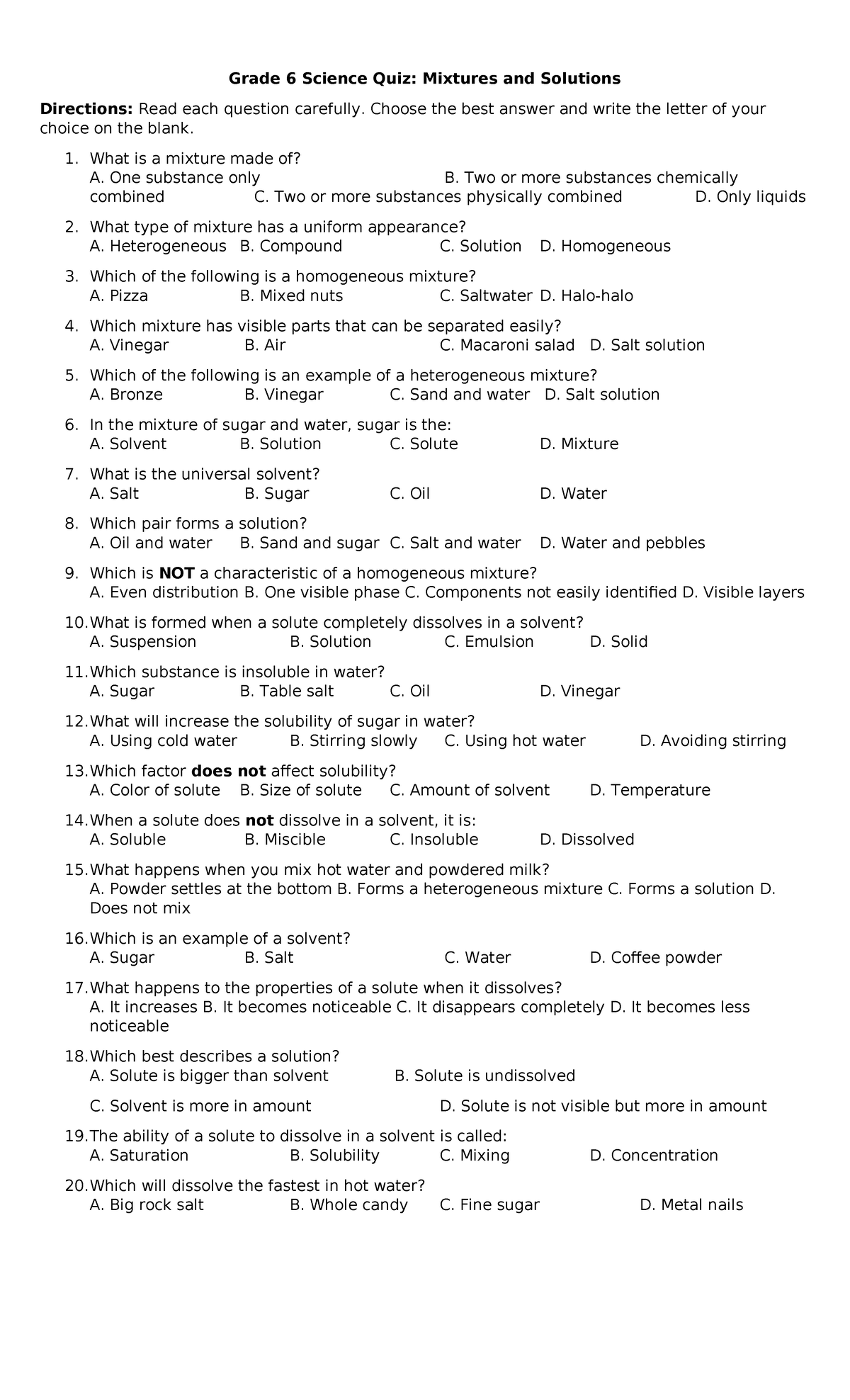 Grade 6 Science Quiz: Mixtures & Solutions Overview - Studocu