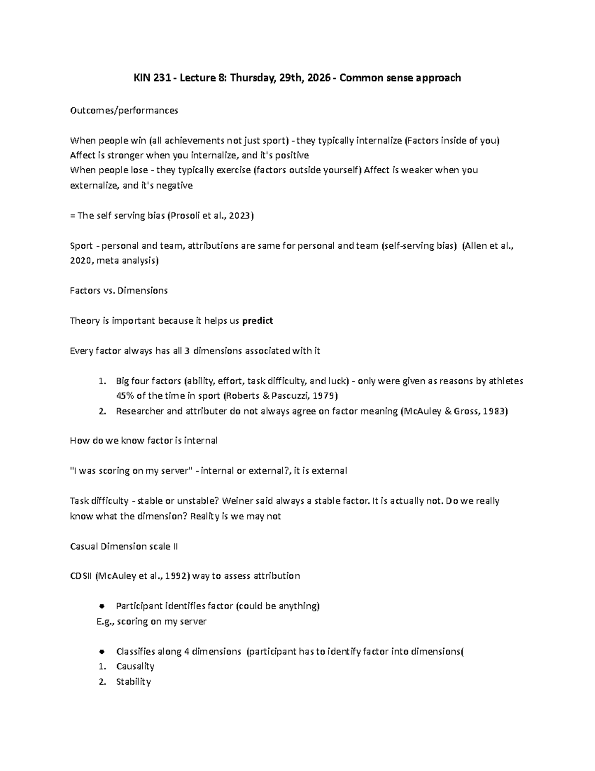 KIN 231 Lecture 8: Common Sense Approach to Achievement and Attribution ...