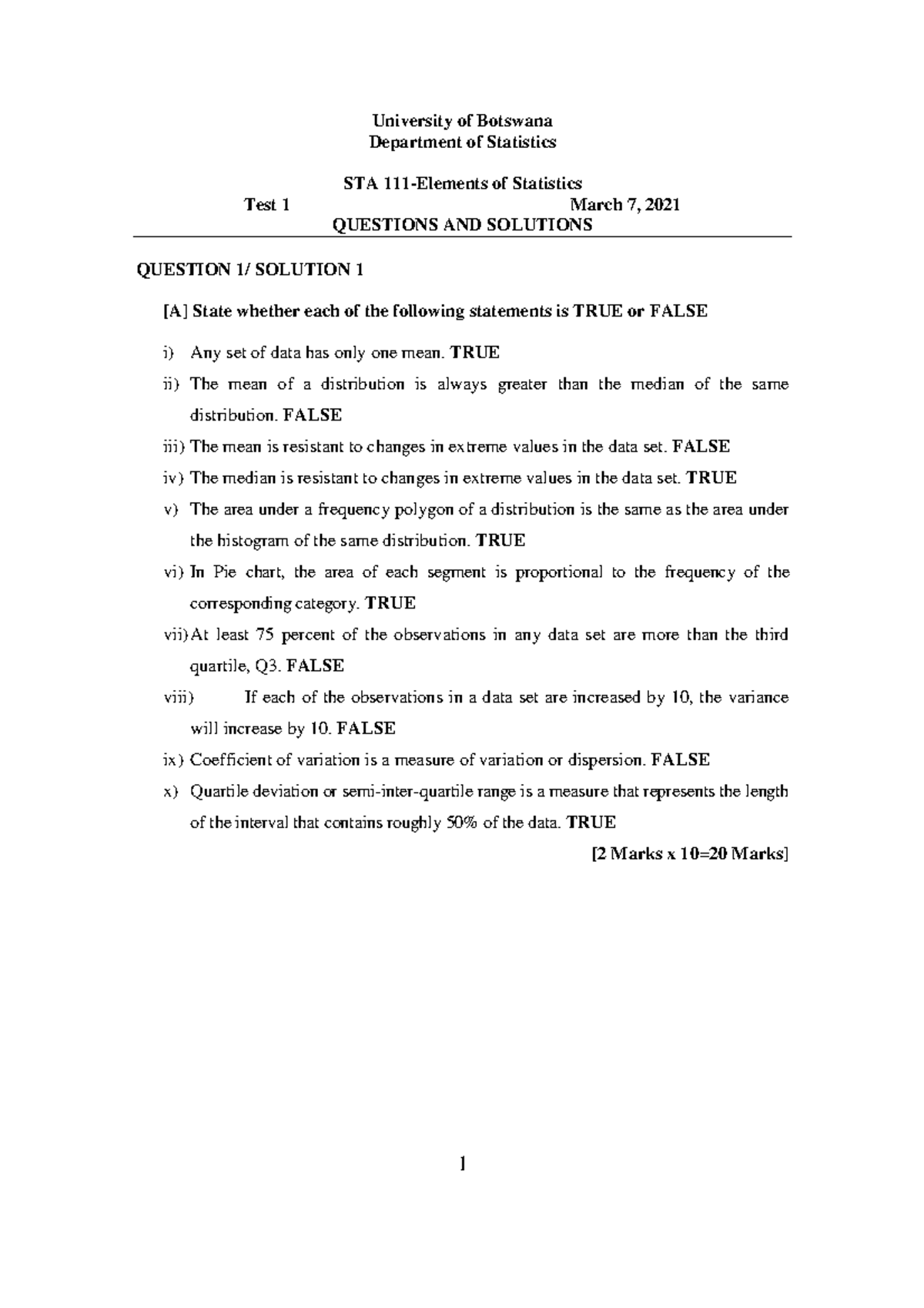 STA 111 Test 1-Questions and Solutions-March 2021 - University of ...