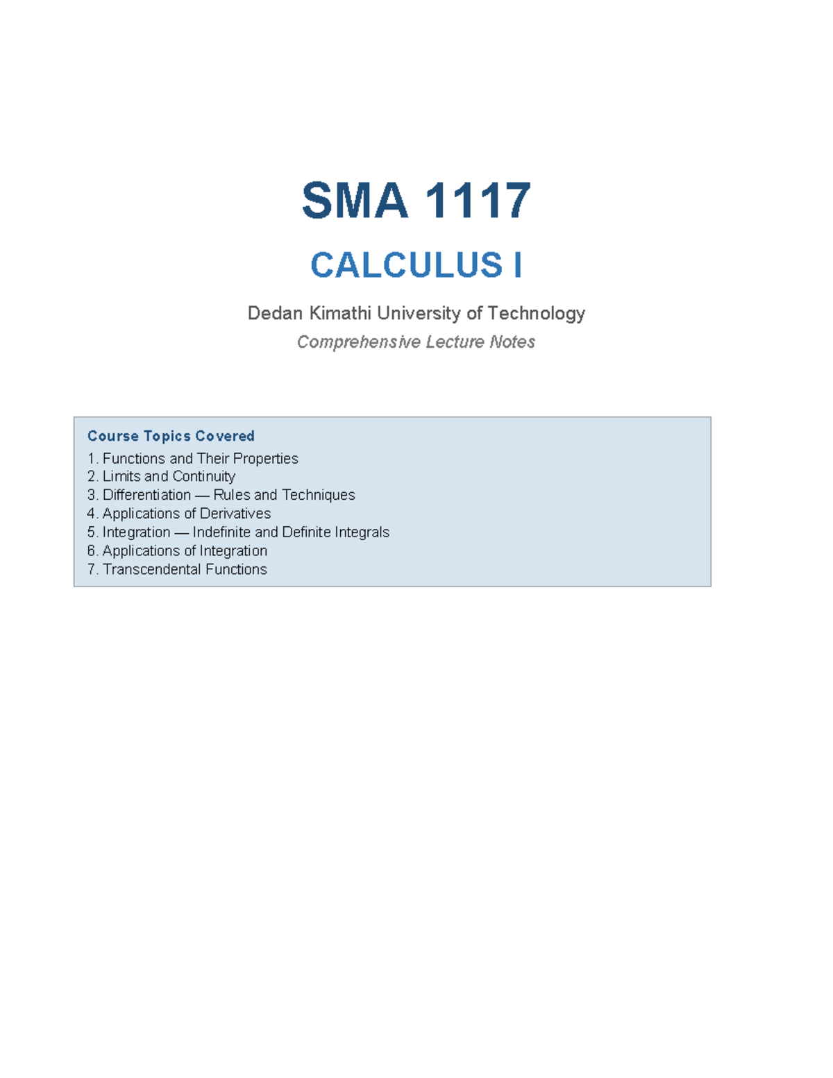 SMA1117 Calculus I Comprehensive Lecture Notes and Key Concepts - Studocu