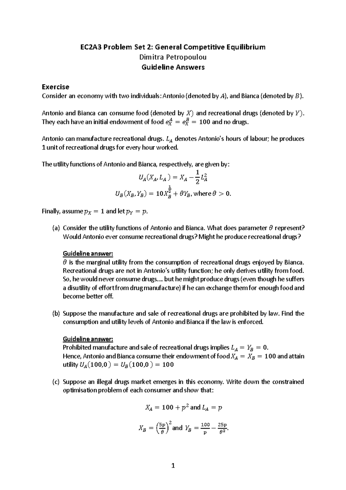 Problem Set 2 - Guideline answers - EC2A3 Problem Set 2 : General Competitive Equilibrium ...