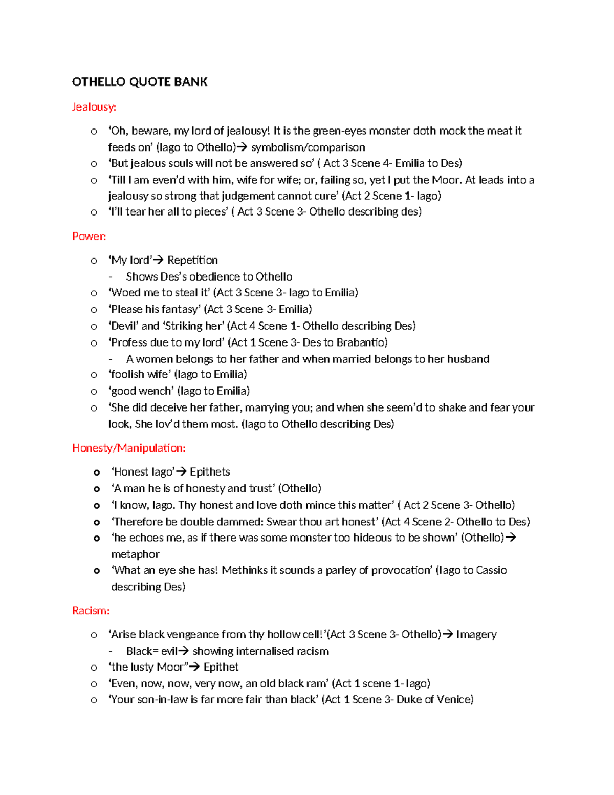 OTHELLO QUOTE BANK: Themes of Jealousy, Power, and Racism - Studocu