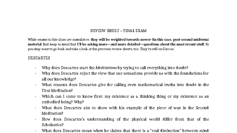 REVIEW SHEET: PHIL 101 FINAL EXAM - DESCARTES & LOCKE - Studocu