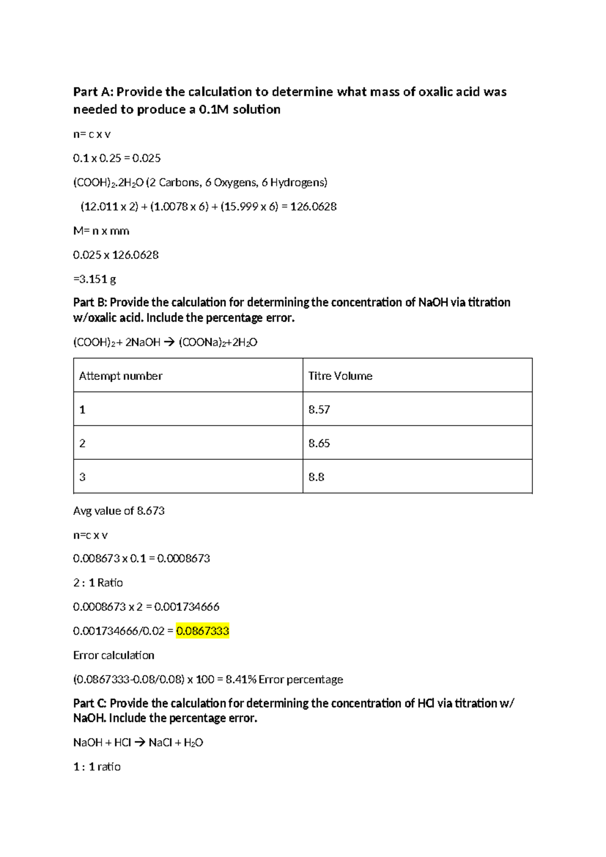 CHEM Titration writeup - Part A: Provide the calculation to determine ...