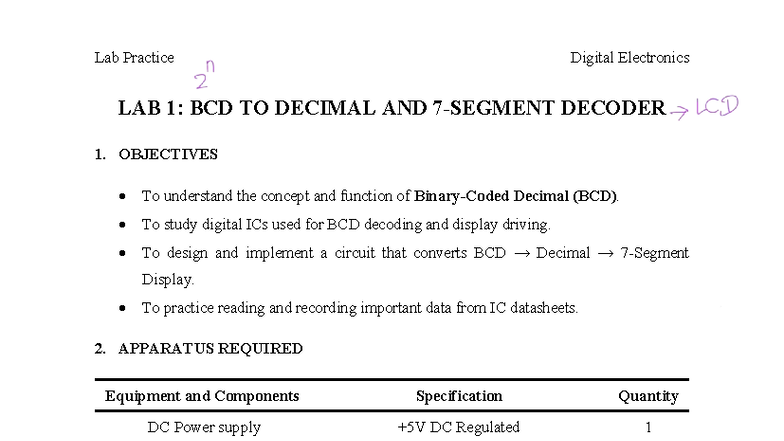 Lab 1: BCD to Decimal Conversion & 7-Segment Display Experiment - Studocu