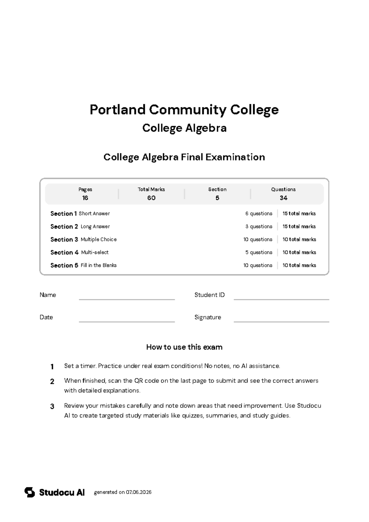 College Algebra Final Exam - Studocu