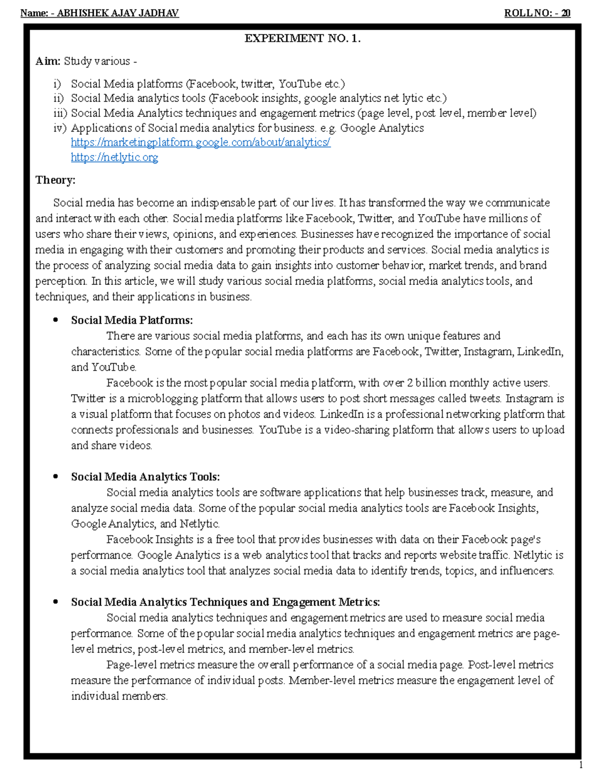 SMA Manual - EXPERIMENT NO. 1. Aim: Study various - i) Social Media ...