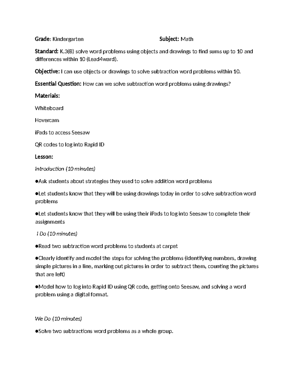 D631 Kindergarten Math Lesson Plan: Solving Subtraction Word Problems ...