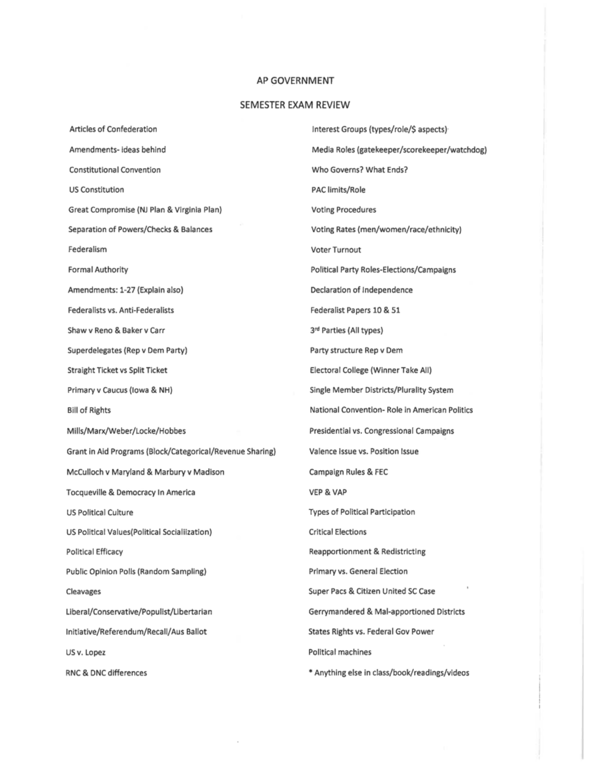 AP GOVERNMENT SEMESTER EXAM REVIEW: Key Concepts & Cases - Studocu