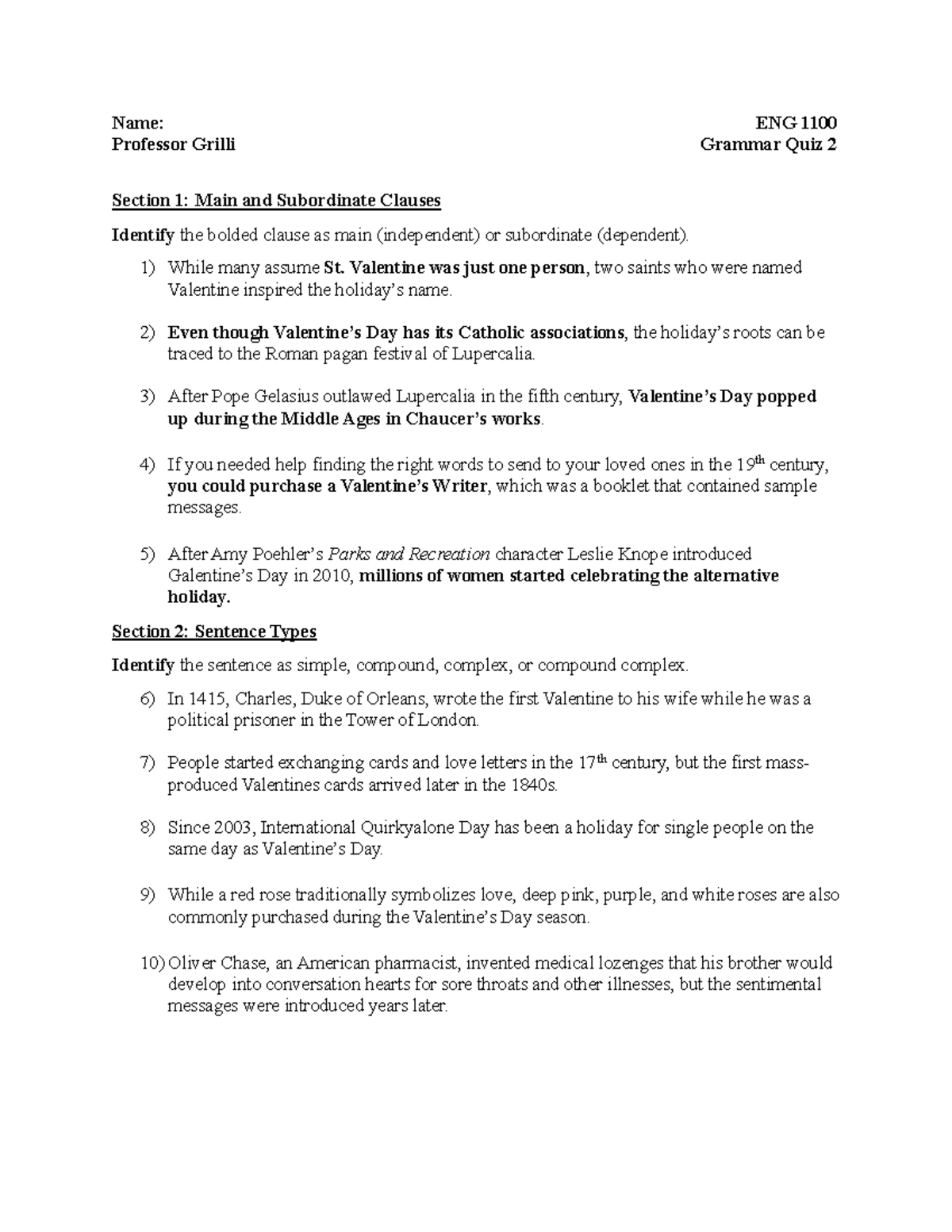 ENG 1100 Grammar Quiz 2: Main & Subordinate Clauses Analysis - Studocu