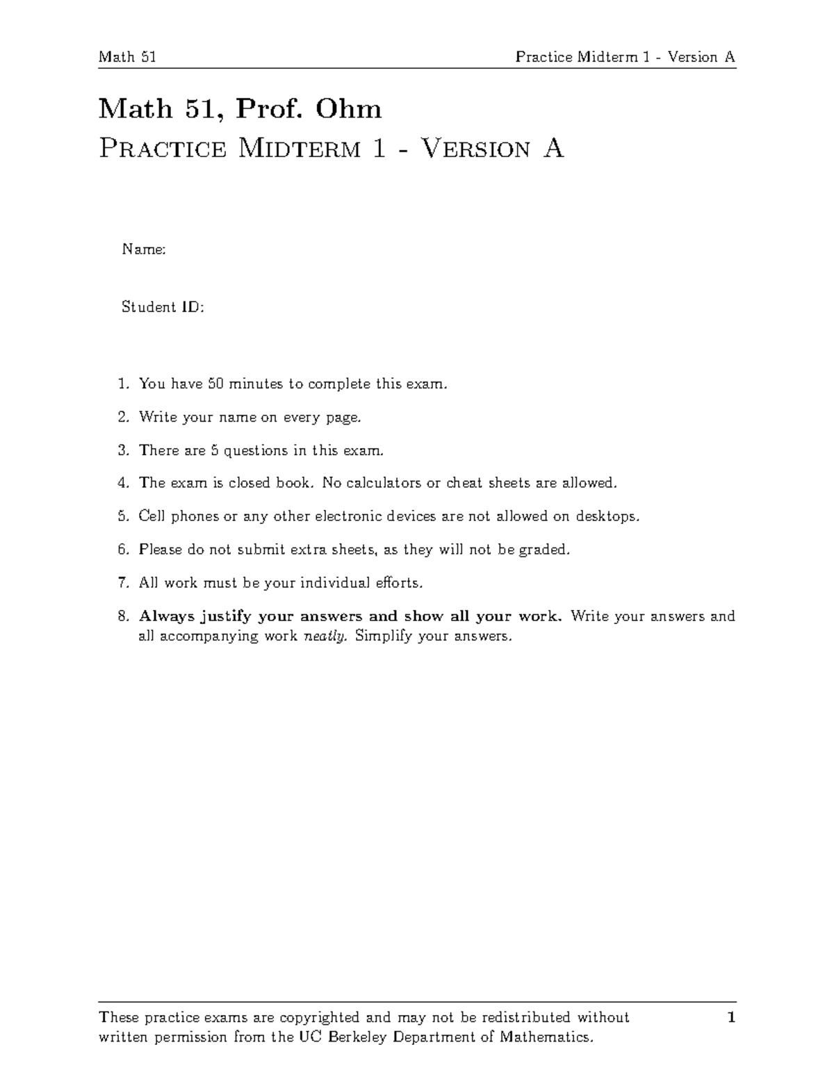 Math 51 Practice Midterm 1 Version A - Prof. Ohm - Studocu