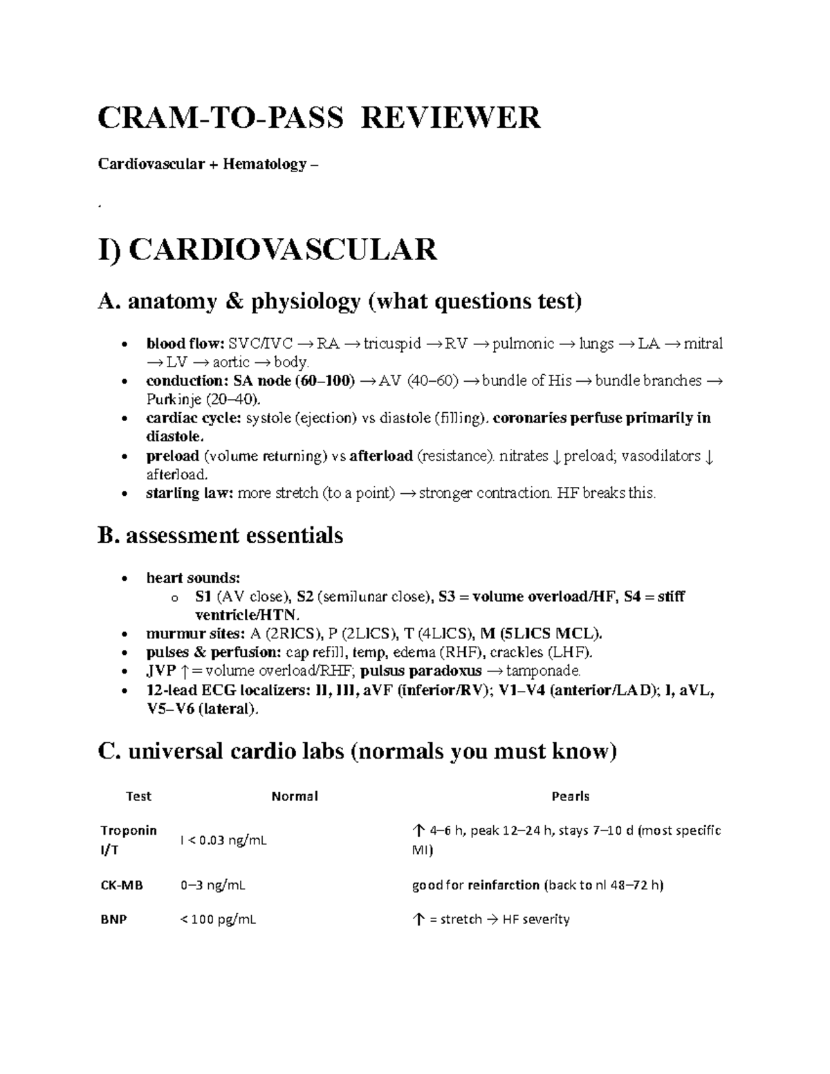 Cram Sheet: HEMA & Cardio Review for Exams - Studocu