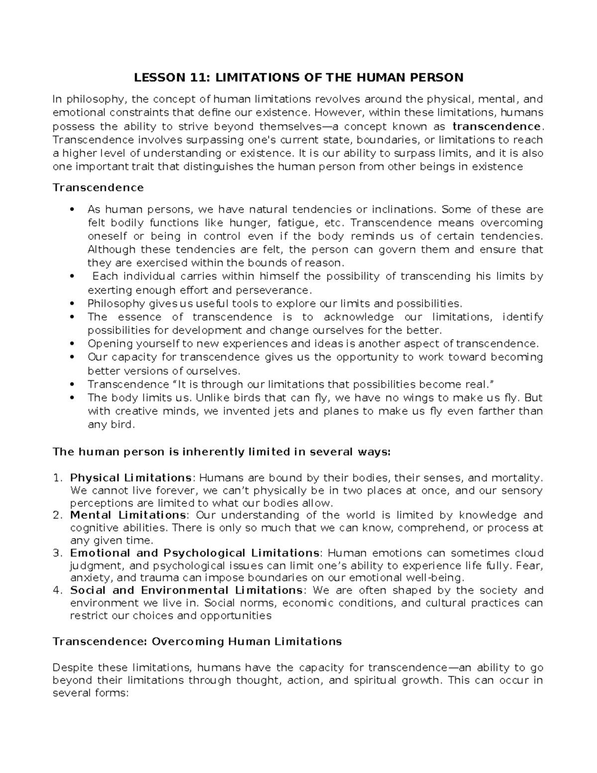 Lesson 11: Exploring Human Limitations and Transcendence in Philosophy ...