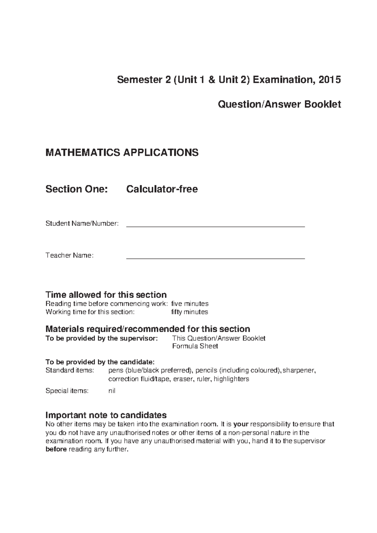 MATHEMATICS APPLICATIONS 2 SEMESTER 2 (UNIT 1 UNIT 2) EXAMINATION ...