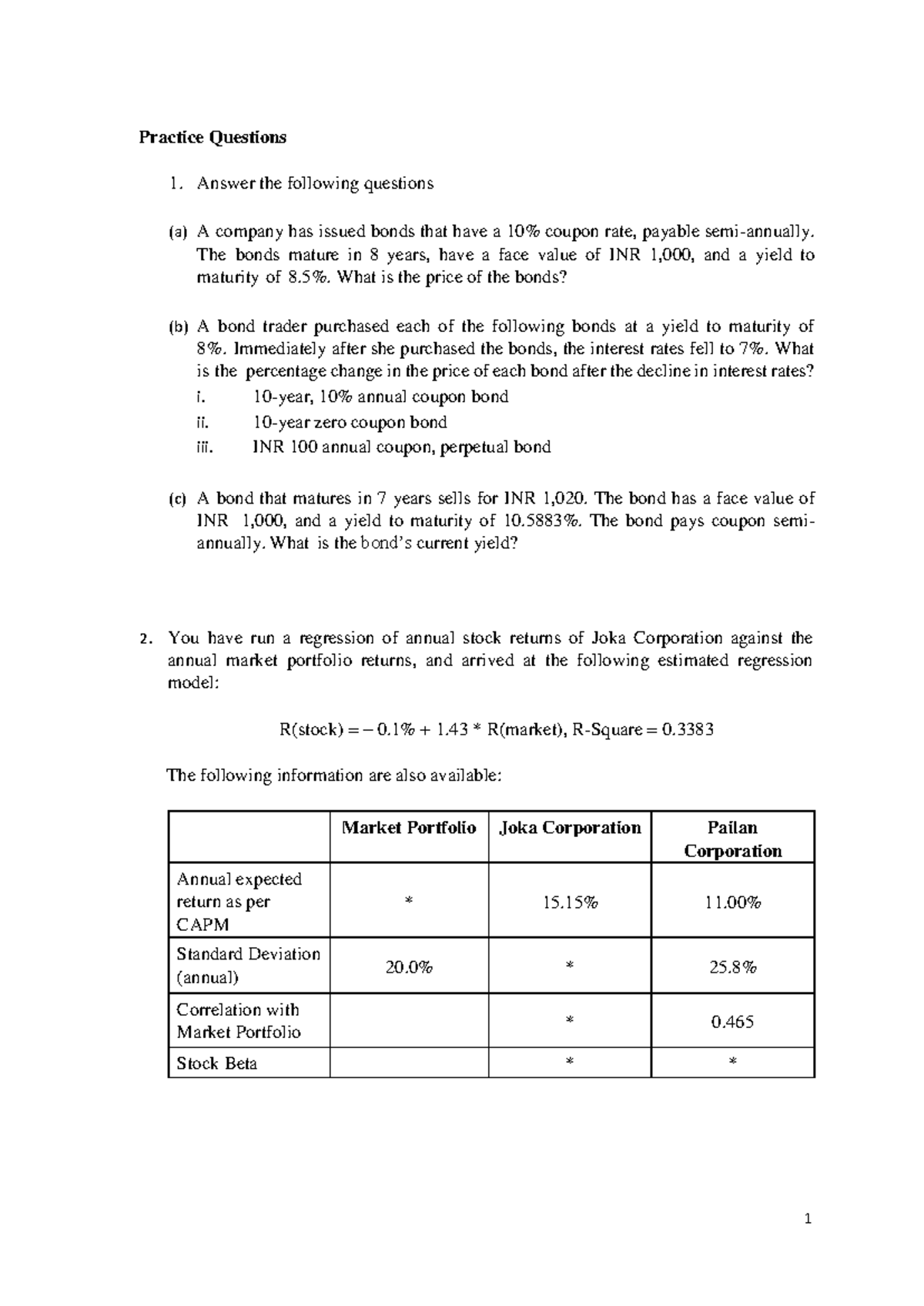 Corporate Finance Practice Questions - Practice Questions 1. Answer the ...