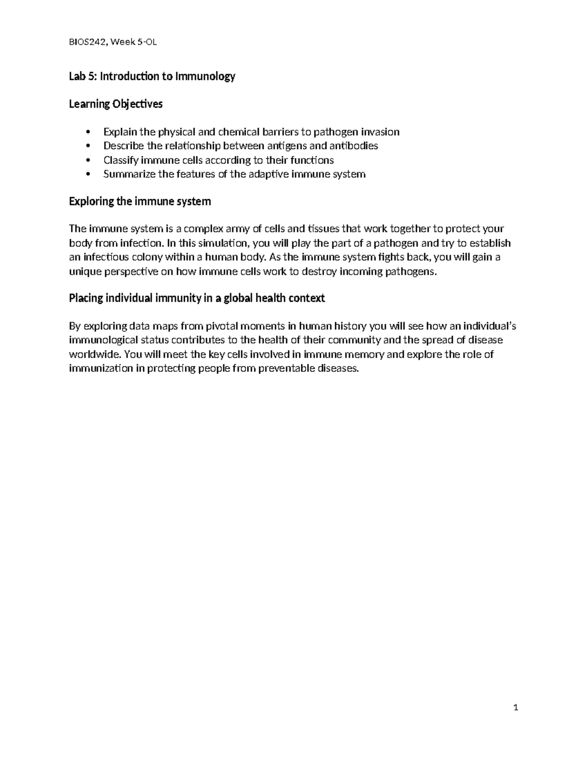 BIOS242 Lab 5: Introduction to Immunology and Immune Response - Studocu