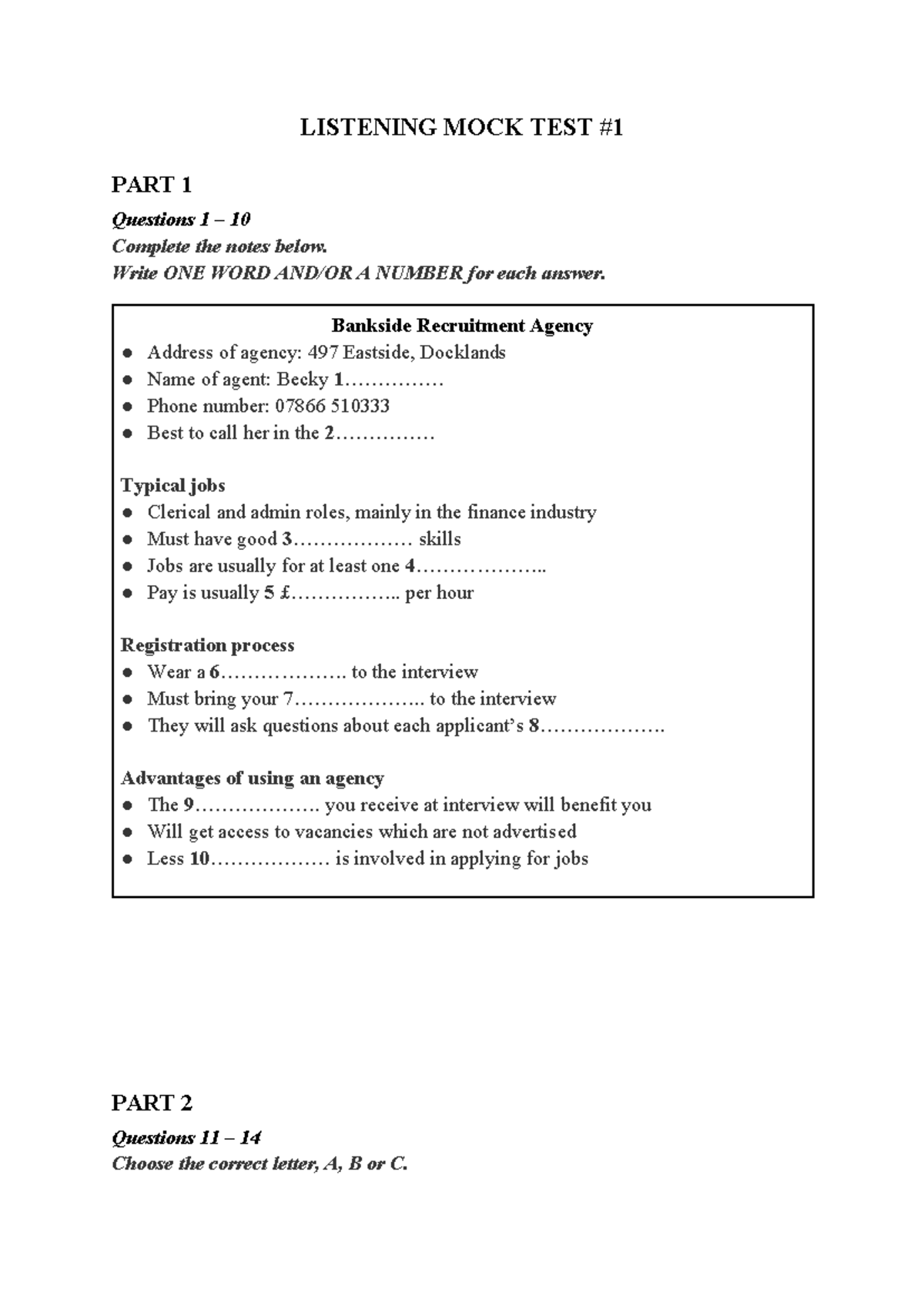 Foundation Listening Mock Test 1: Questions 1-40 Notes Completion - Studocu