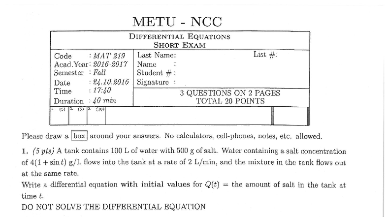 Merged Short Exam 1 - Differential Equations (DE101) - Studocu