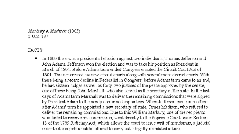 Marbury v. Madison (1803) Case Study: Key Facts & Legal Arguments - Studocu