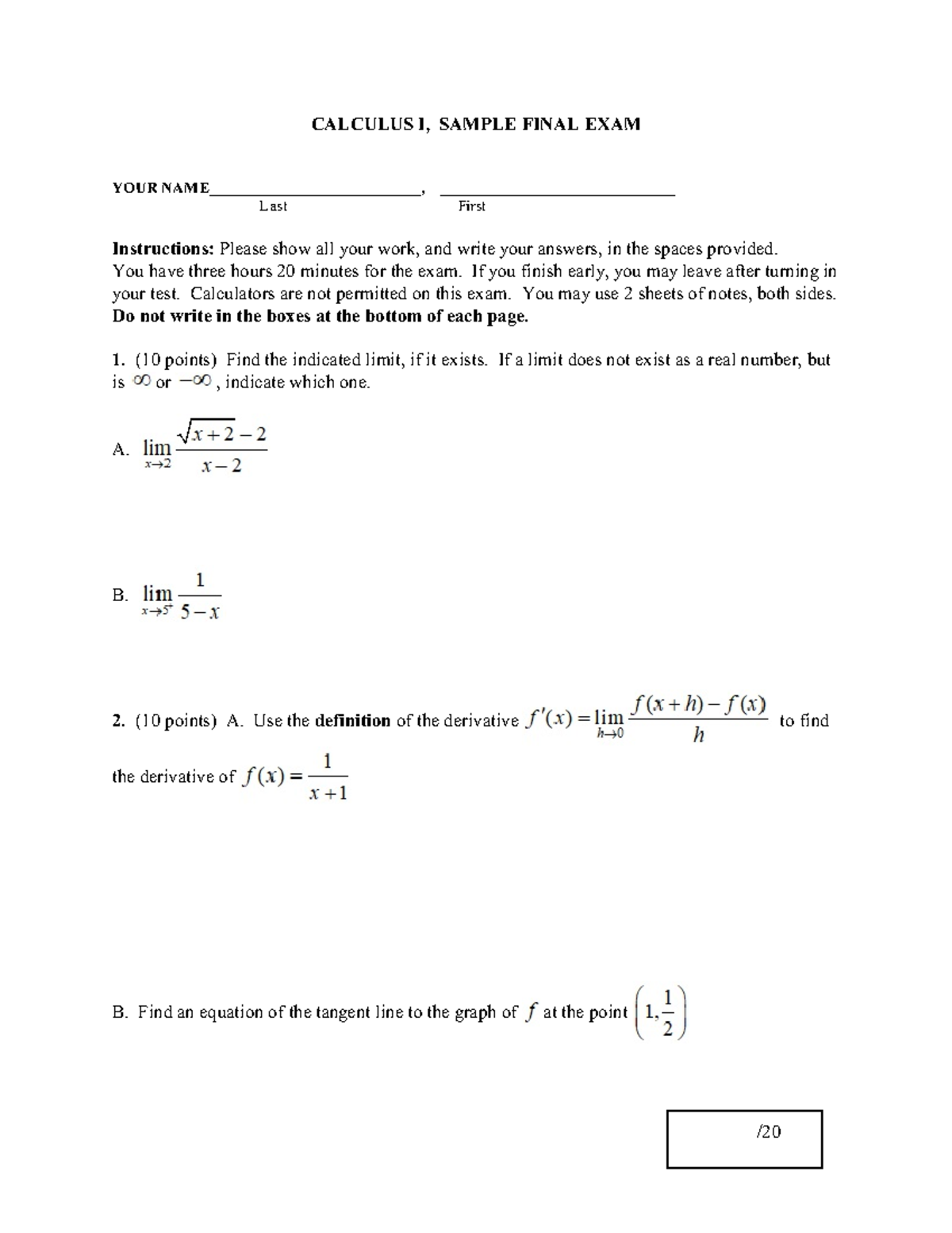Sample Final Exam for Calculus I (MATH 101) - Studocu