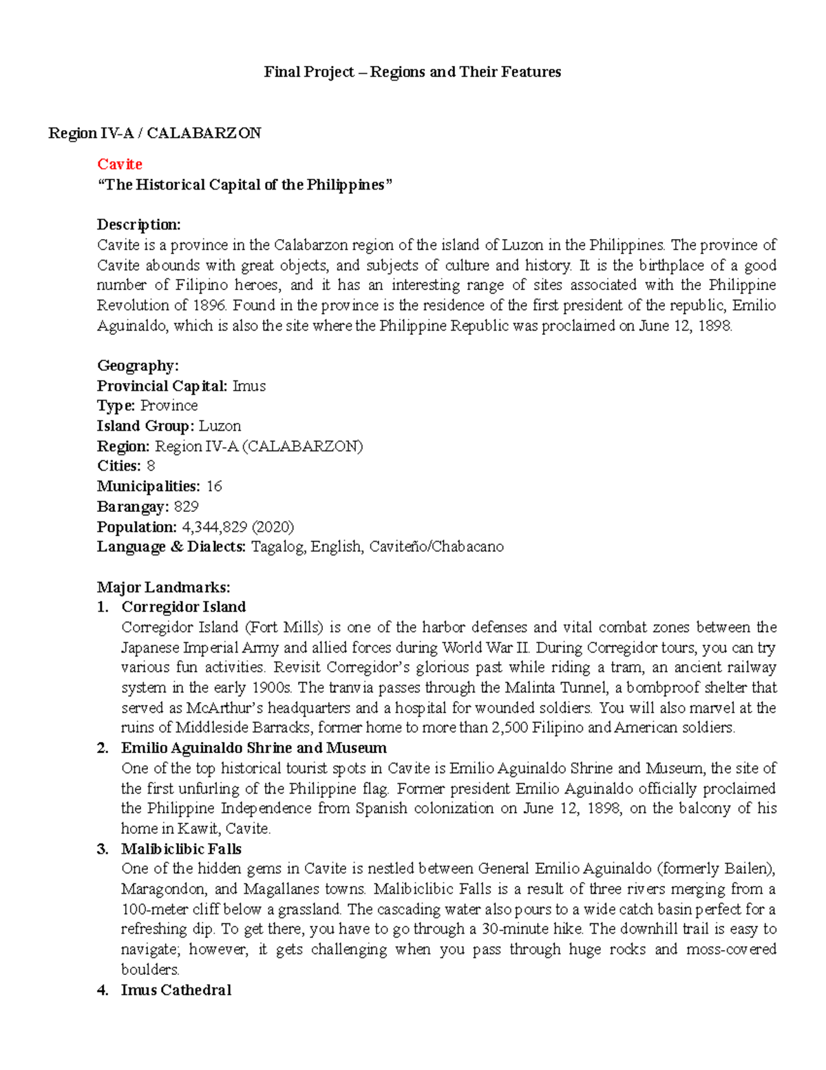 Final Project: Exploring Region IV-A (CALABARZON) & Its Features - Studocu
