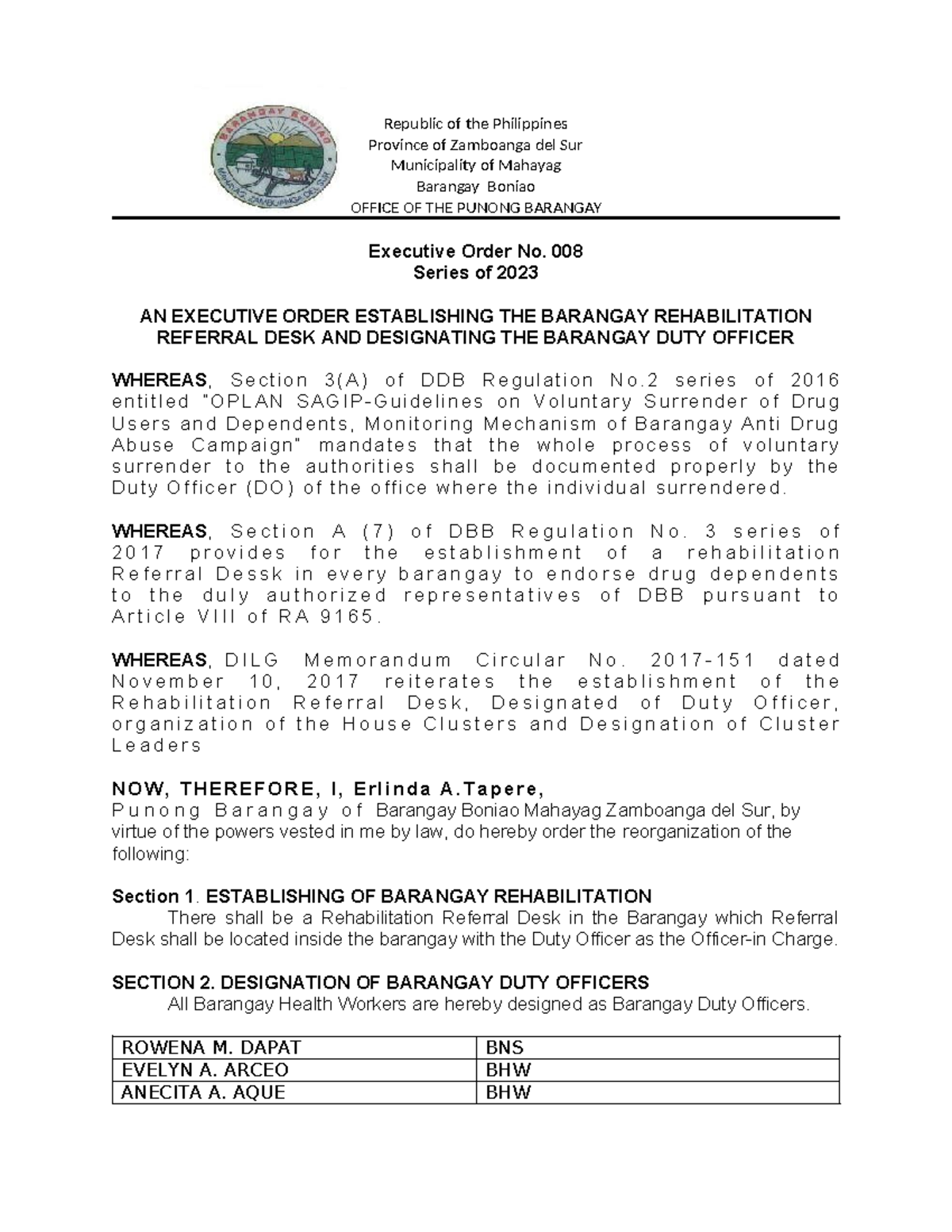 Executive Order No. 008: Designation of Barangay Duty Officers - Studocu
