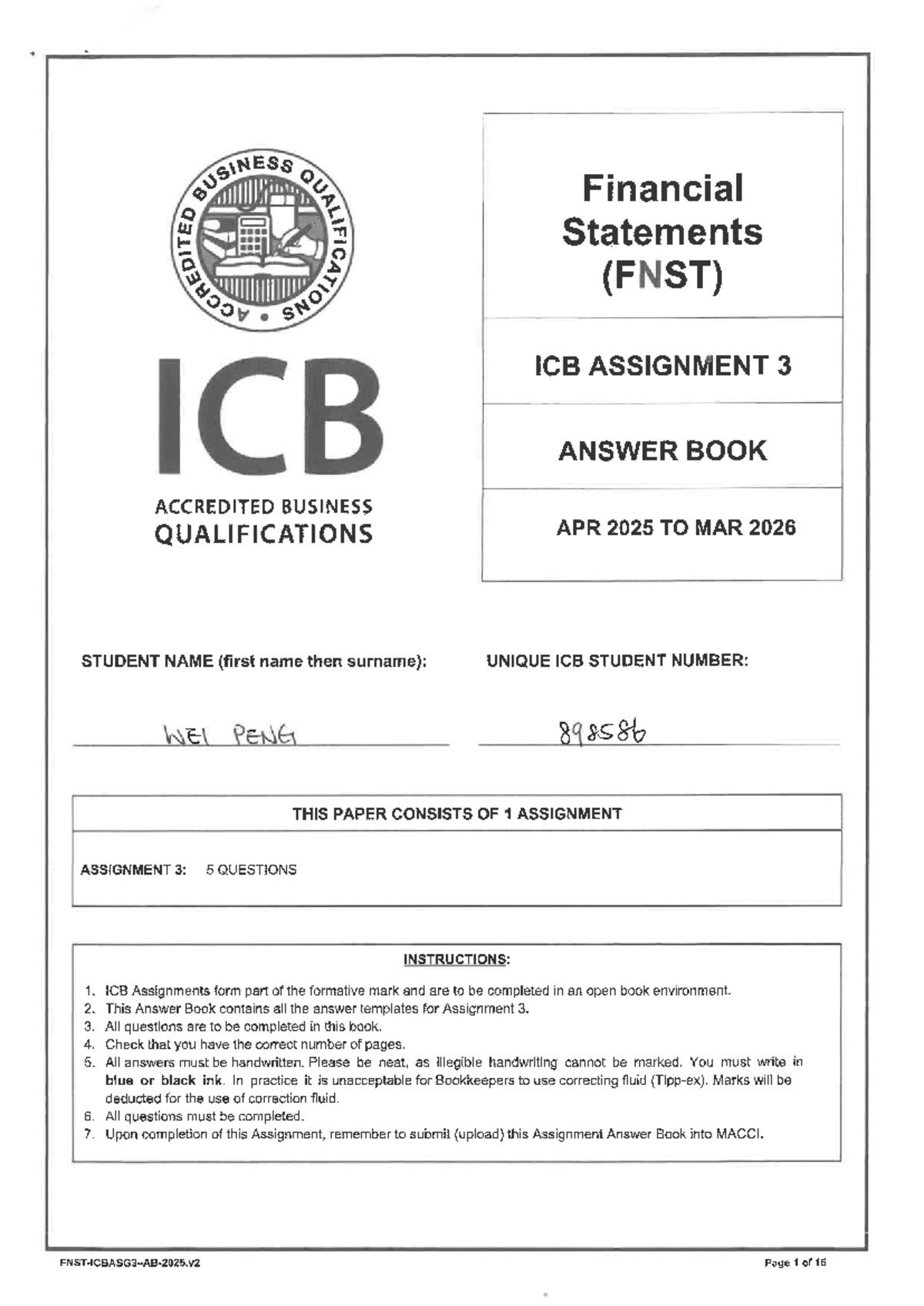 Assignment 3: Financial Statements (FNST) Answer Book for 2025-2026 ...
