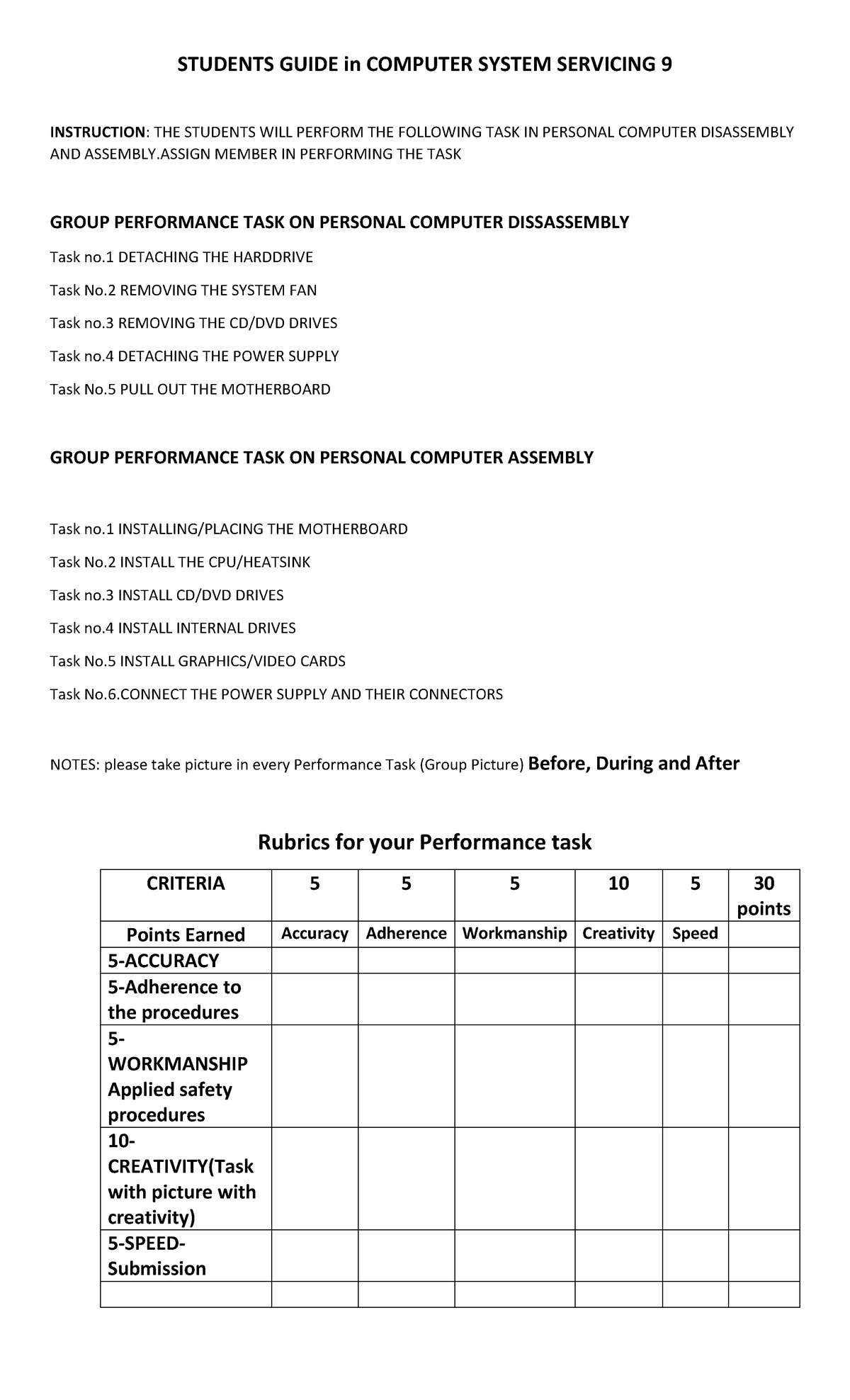 COMP 9 Group Performance Task Rubrics for PC Disassembly & Assembly ...
