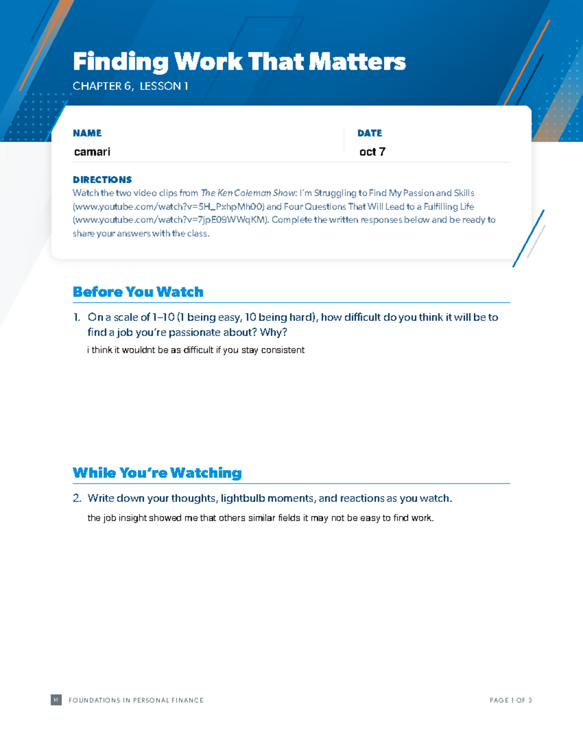 Finding Work That Matters: Chapter 6, Lesson 1 - Ramsey Classroom - Studocu