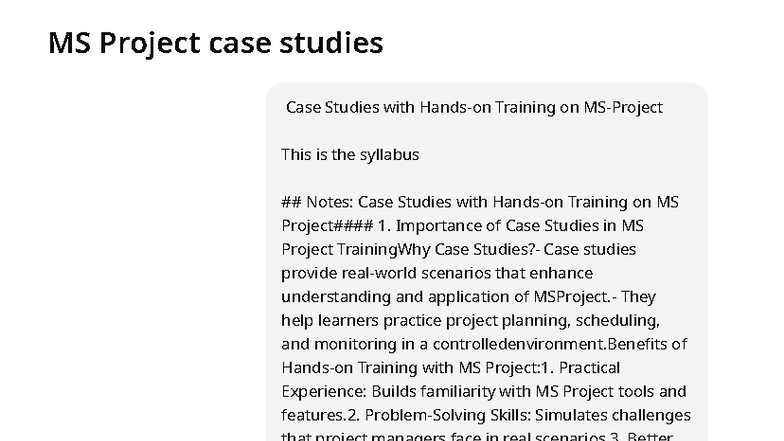 MS Project Case Studies & Training Syllabus (PM 101) - Studocu