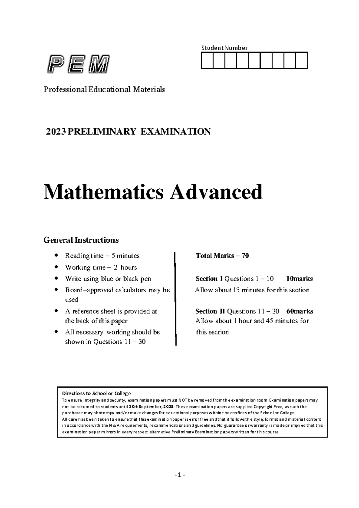 PEM 2023 Mathematics Advanced Preliminary Exam Paper - Studocu