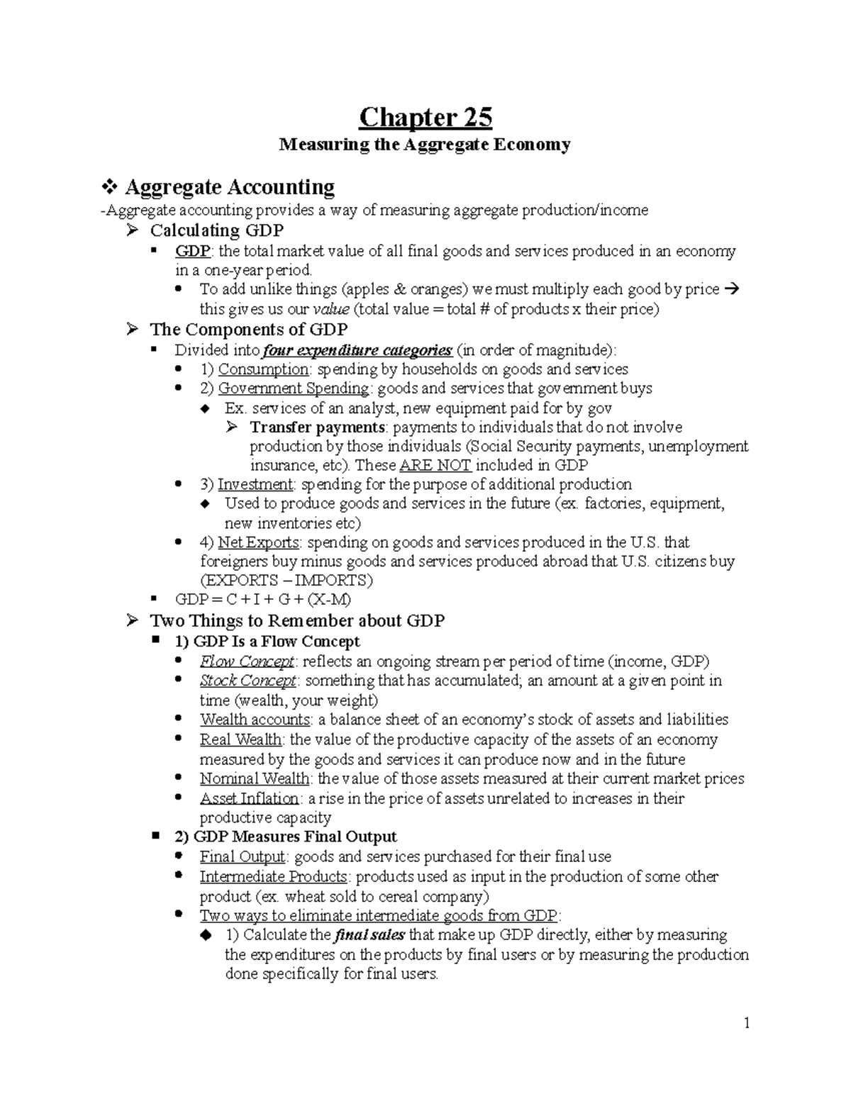 Econ 201 Notes Chapter 25 - Chapter 25 Measuring the Aggregate Economy ...