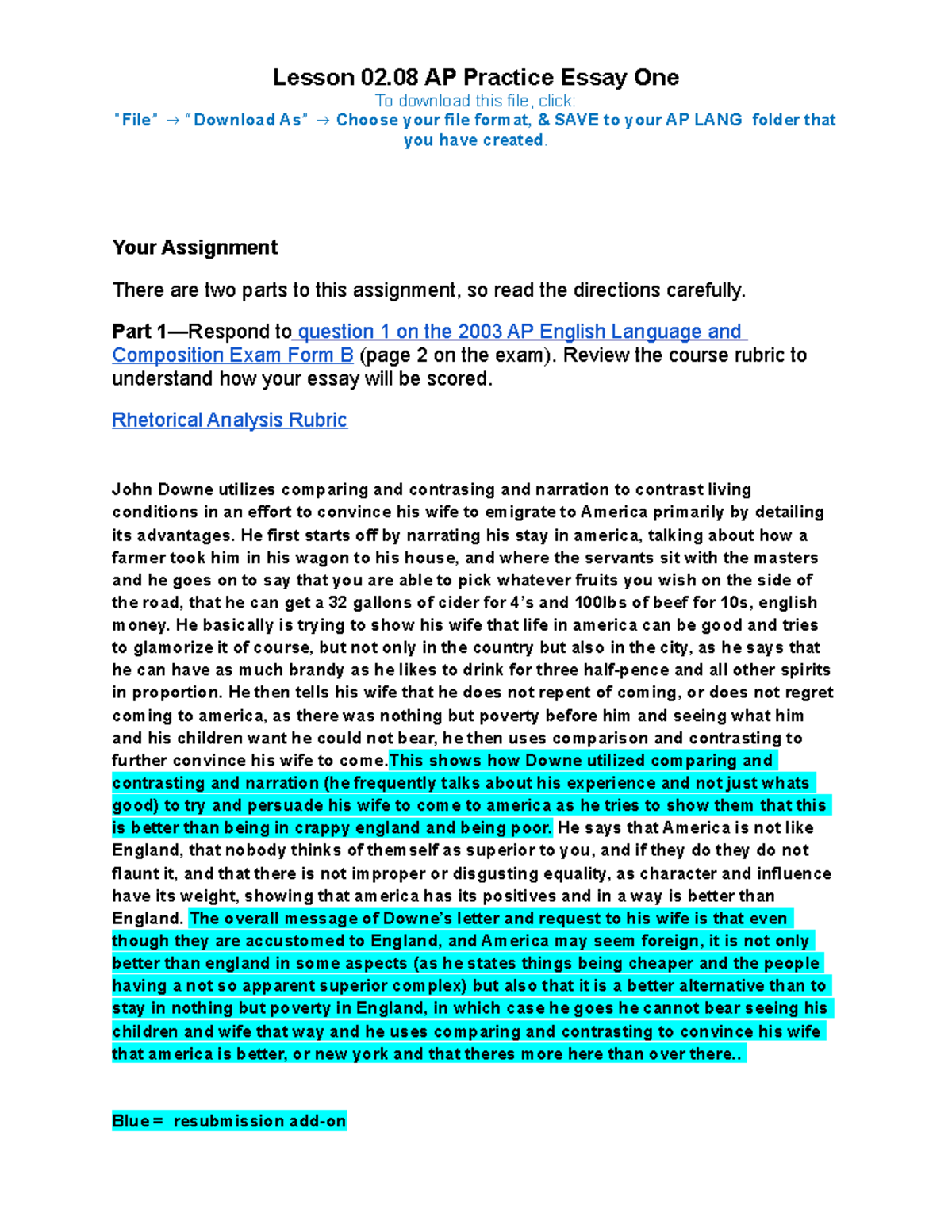 Lesson 02 - Hey - Lesson 02 AP Practice Essay One To download this file ...