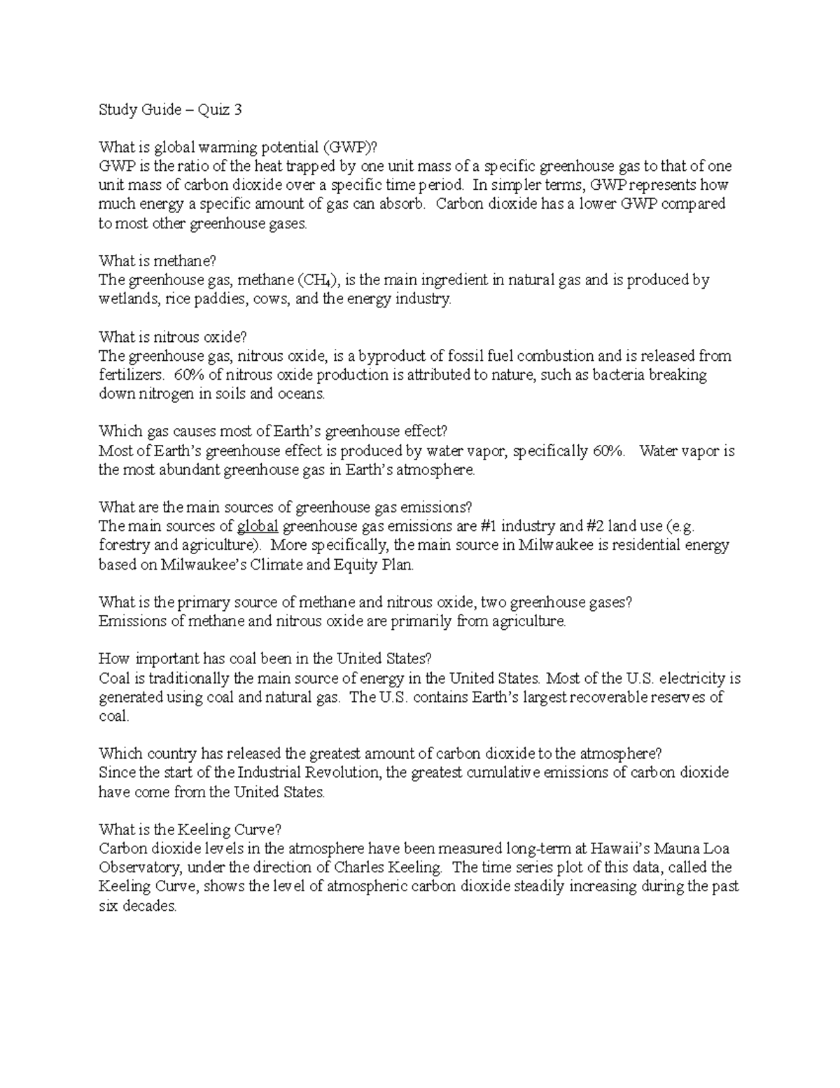Study Guide – Climate Change & Greenhouse Gases Quiz 3 - Studocu