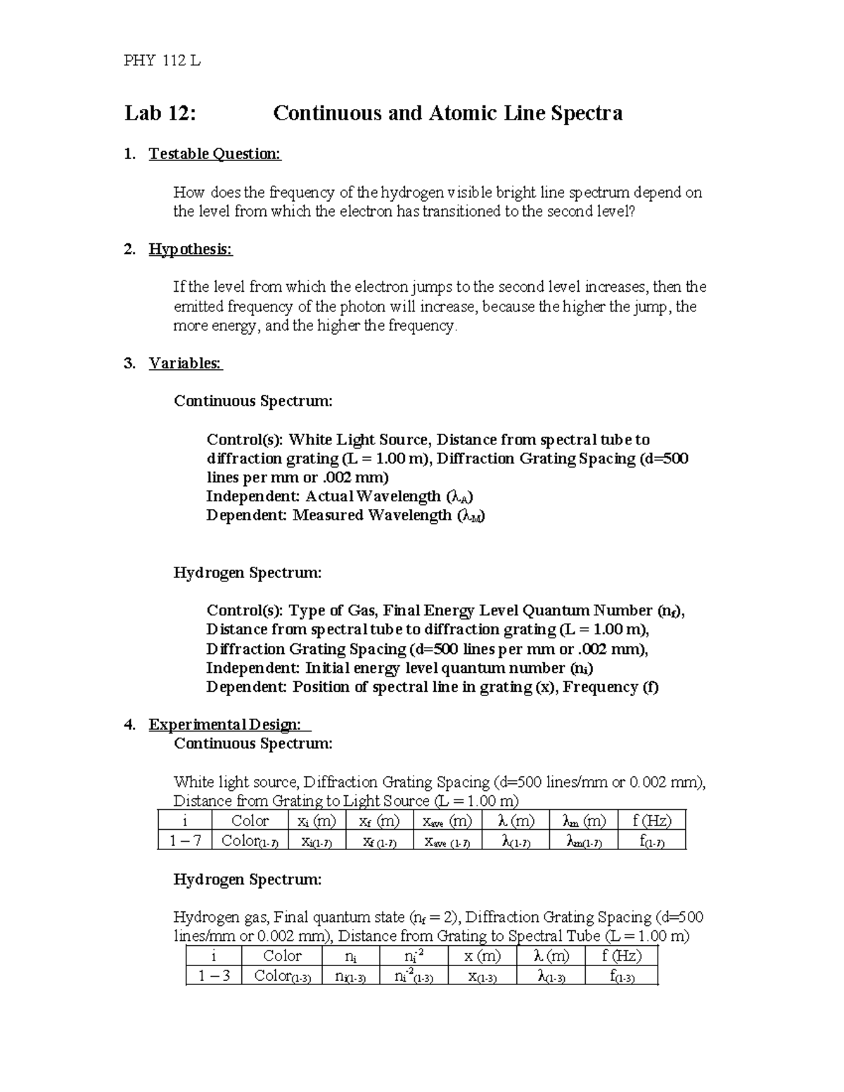 PHY112 Lab 12: Exploring Continuous and Atomic Line Spectra - Studocu