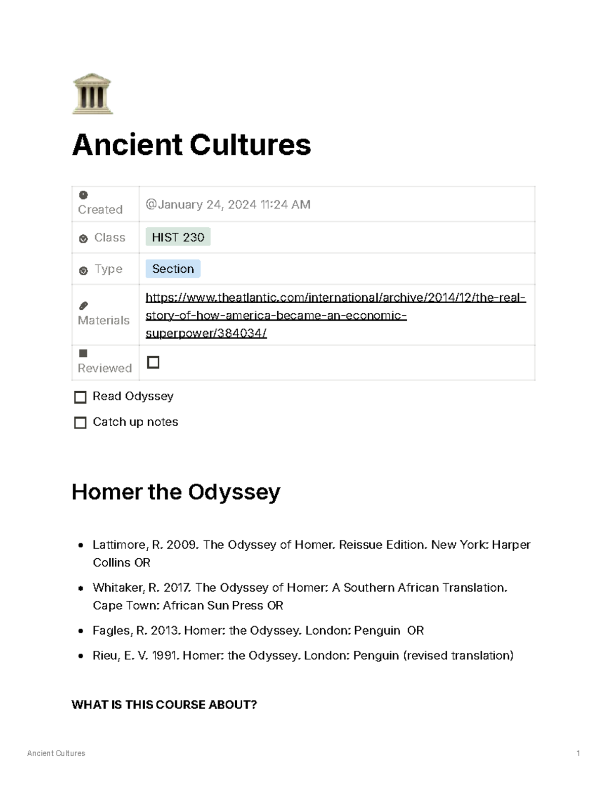 Ancient Cultures 144: Insights on Homer and the Odyssey - Studocu