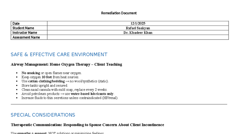 SAFE 101: Home Oxygen Therapy & Client Teaching Remediation Guide - Studocu