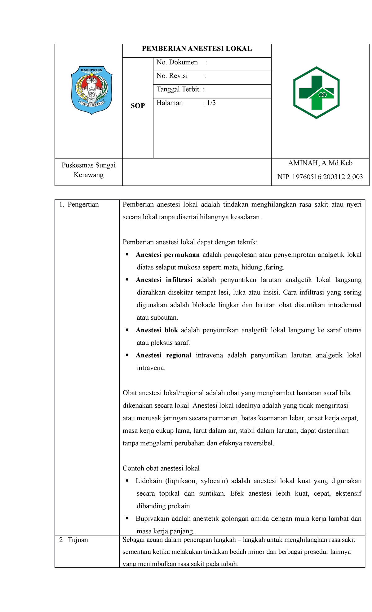 SOP Pemberian Anestesi Lokal untuk Tindakan Medis di Puskesmas - Studocu