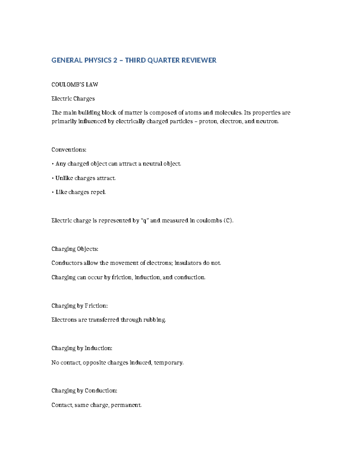 General Physics 2: Third Quarter Reviewer on Electric Charges - Studocu