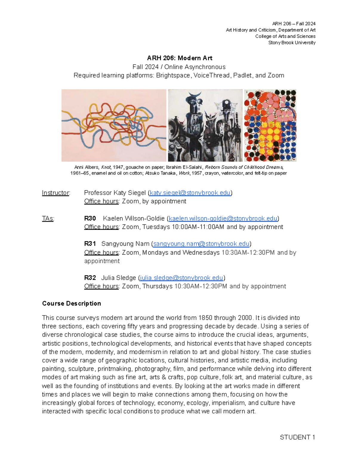 ARH 206 Fall 2024 Modern Art Syllabus and Course Overview - Studocu