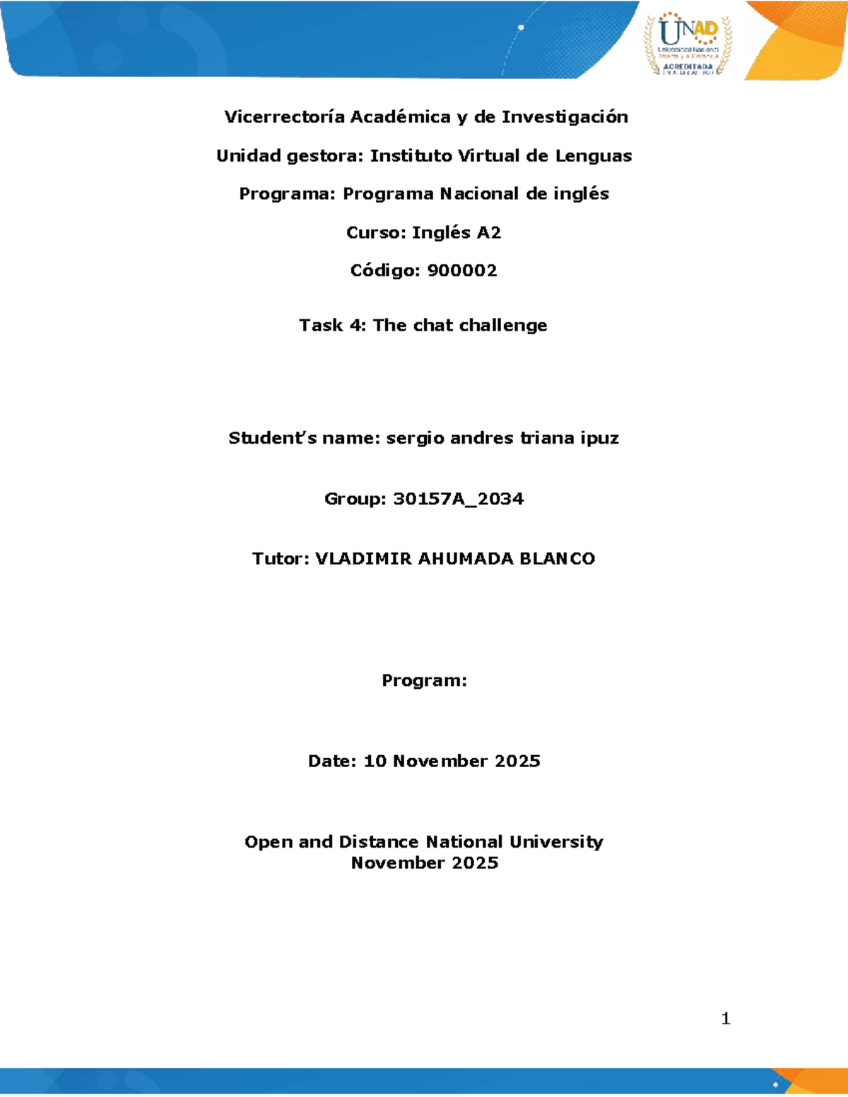 Inglés A2 - Task 4: The Chat Challenge by Sergio Triana - Studocu