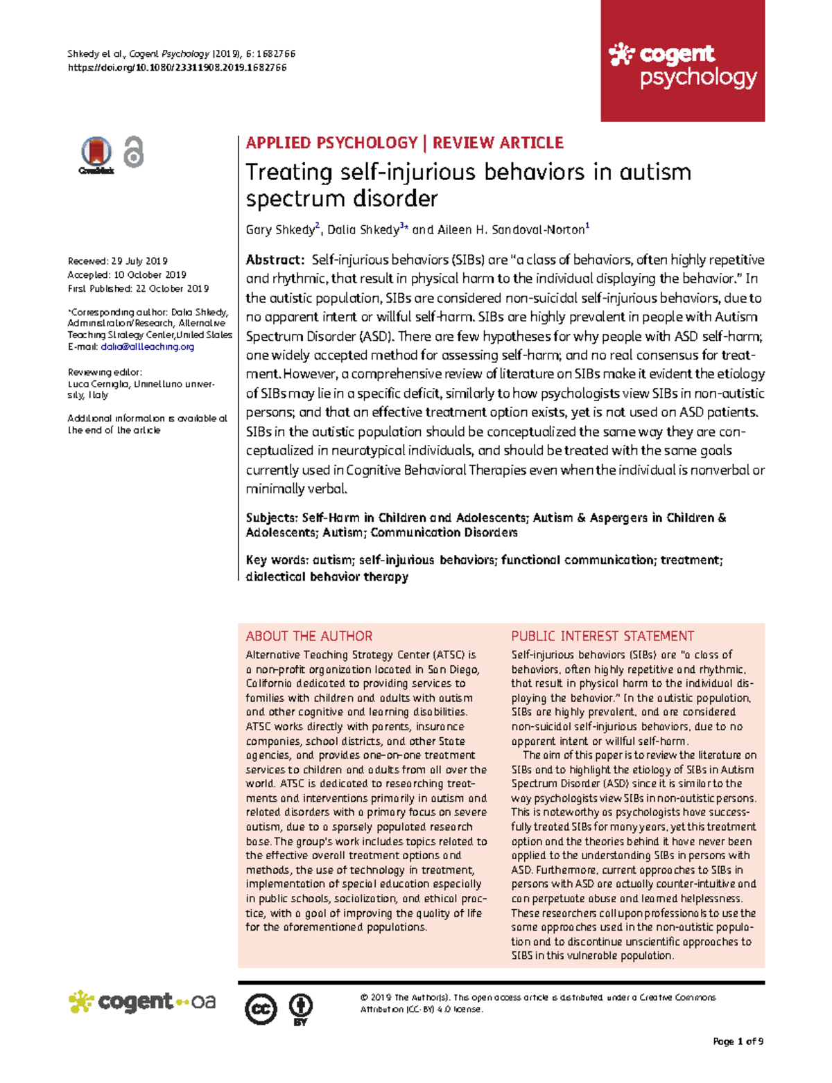Treating Self-Injurious Behaviors in Autism Spectrum Disorder (PSY 2019 ...
