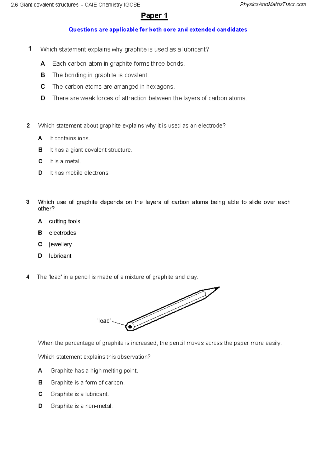 2.6 Giant Covalent Structures MCQ - CAIE Chemistry IGCSE - Studocu