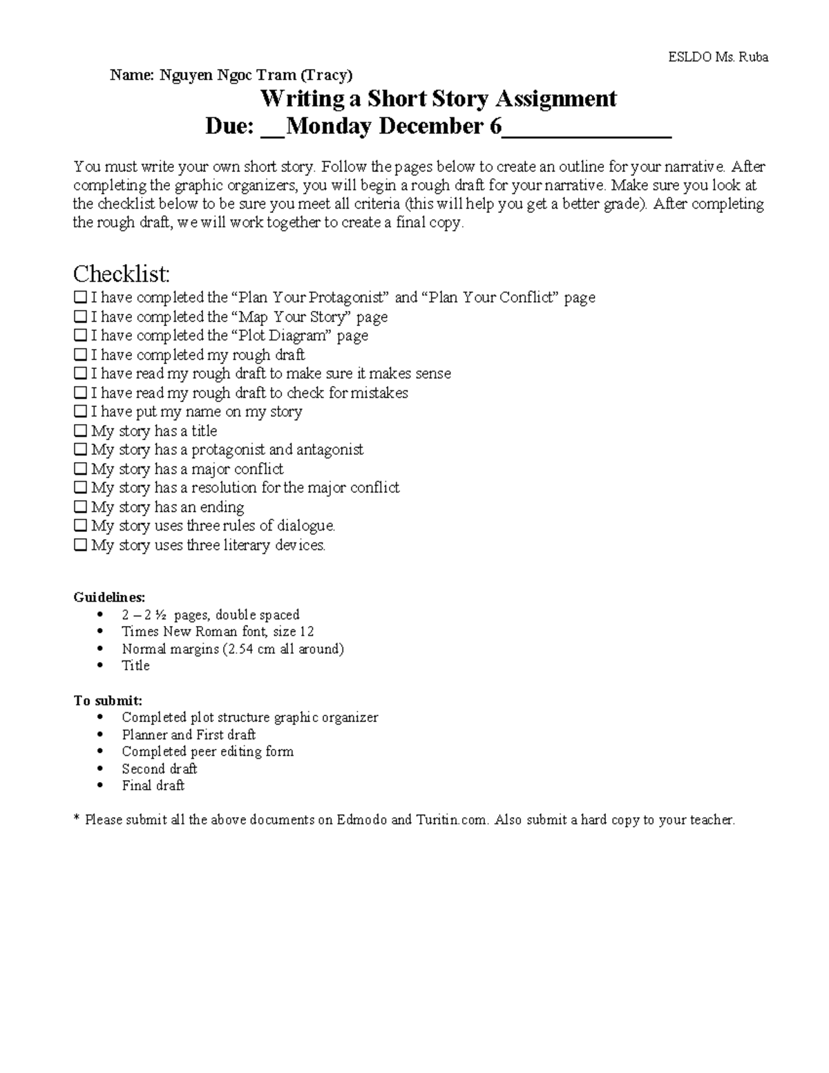 ESLDO Ms. Ruba Short Story Assignment: Outline & Draft Guide - Studocu