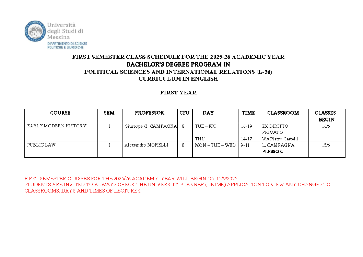 First Semester Class Schedule for Political Sciences & IR (L 36) - Studocu