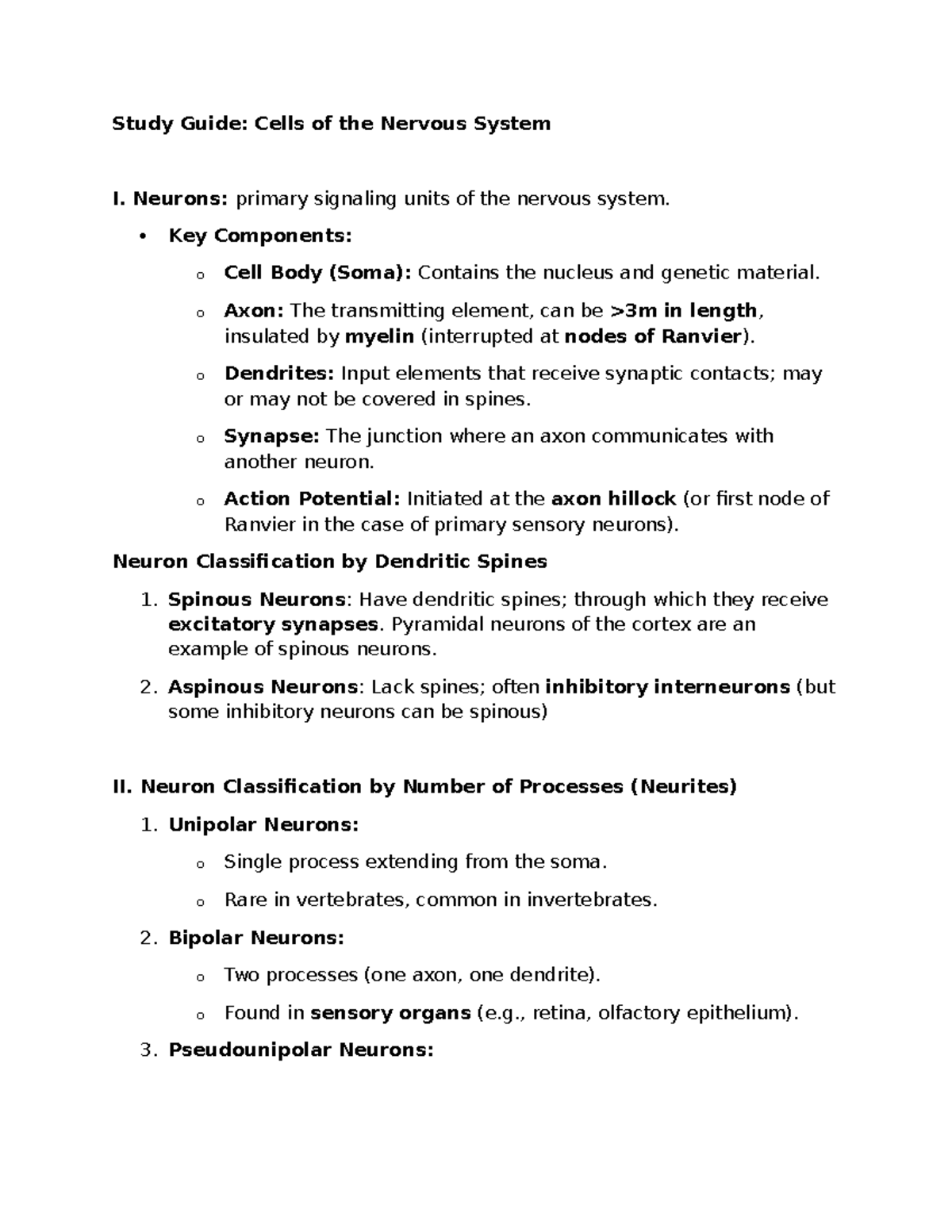 Study Guide: Nervous System Cells I - Neurons & Their Functions - Studocu