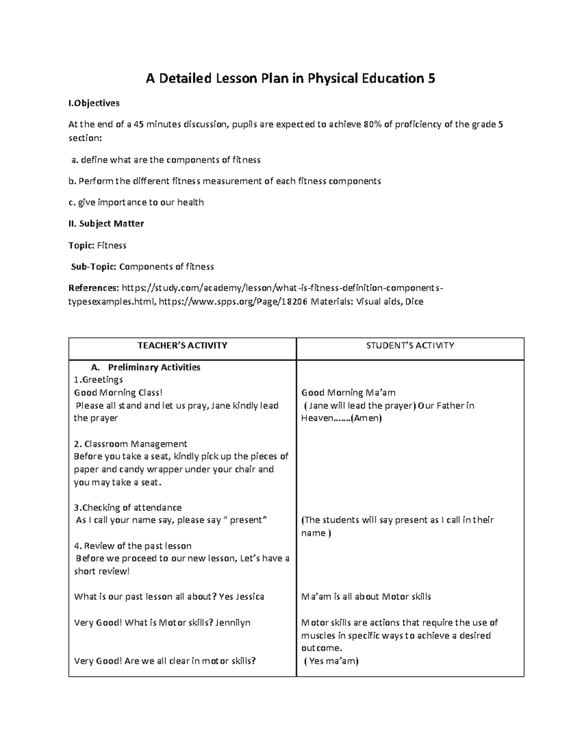 508789576 Detailed Lesson Plan: Components of Fitness in PE 5 - Studocu
