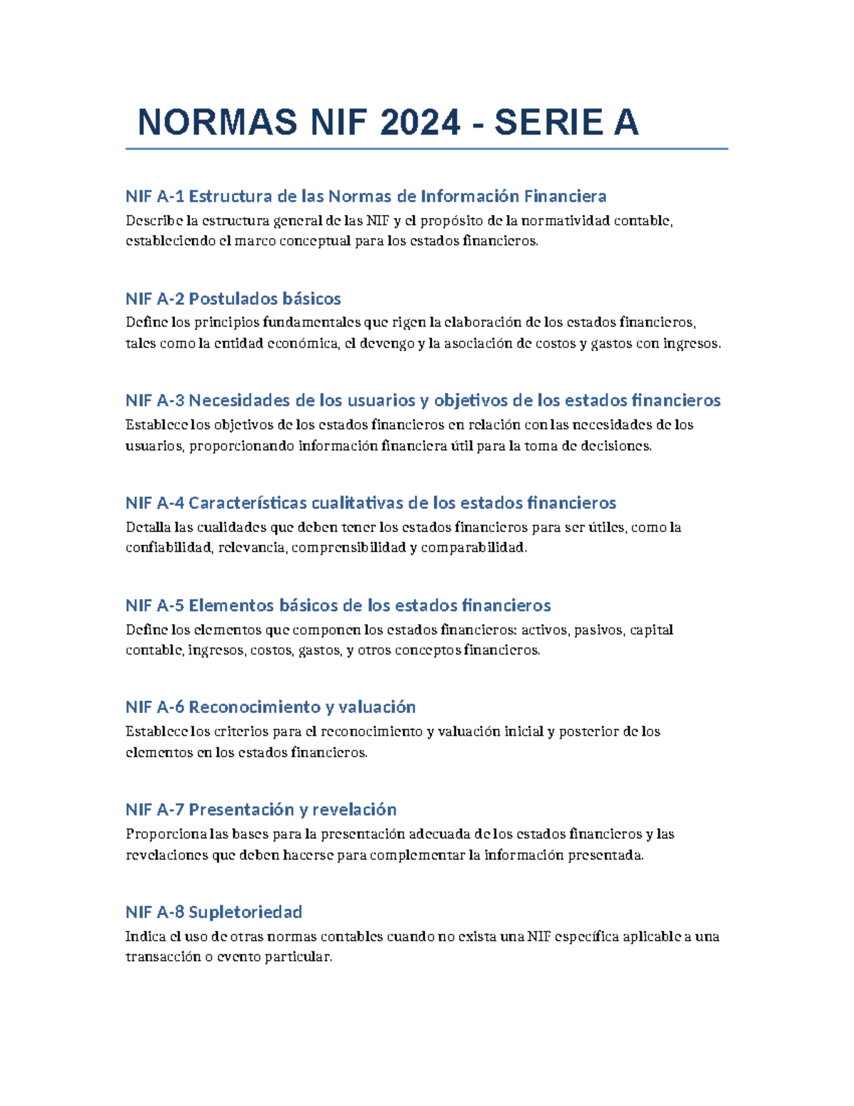 Resumen de Normas NIF 2024 - Serie A para Información Financiera - Studocu