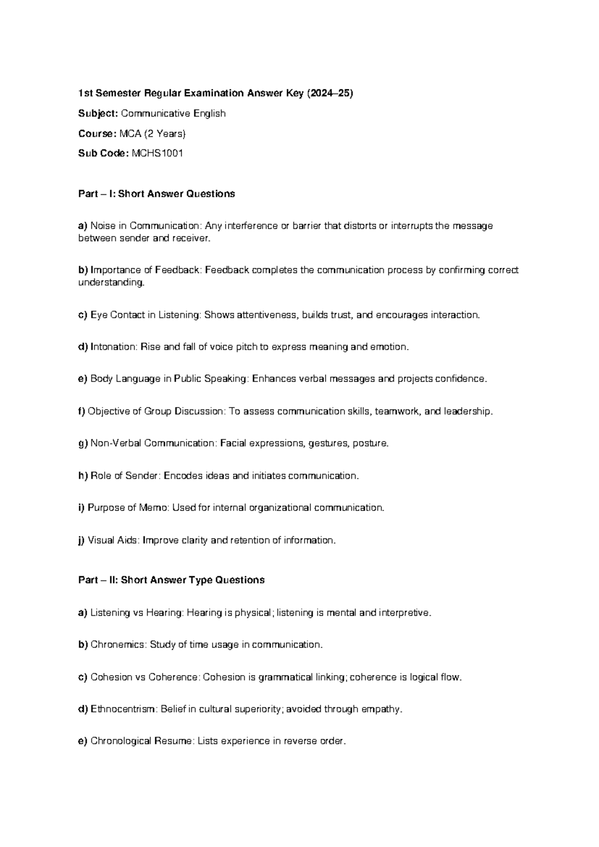 Communicative English Answer Key - MCA 1st Sem Exam - Studocu